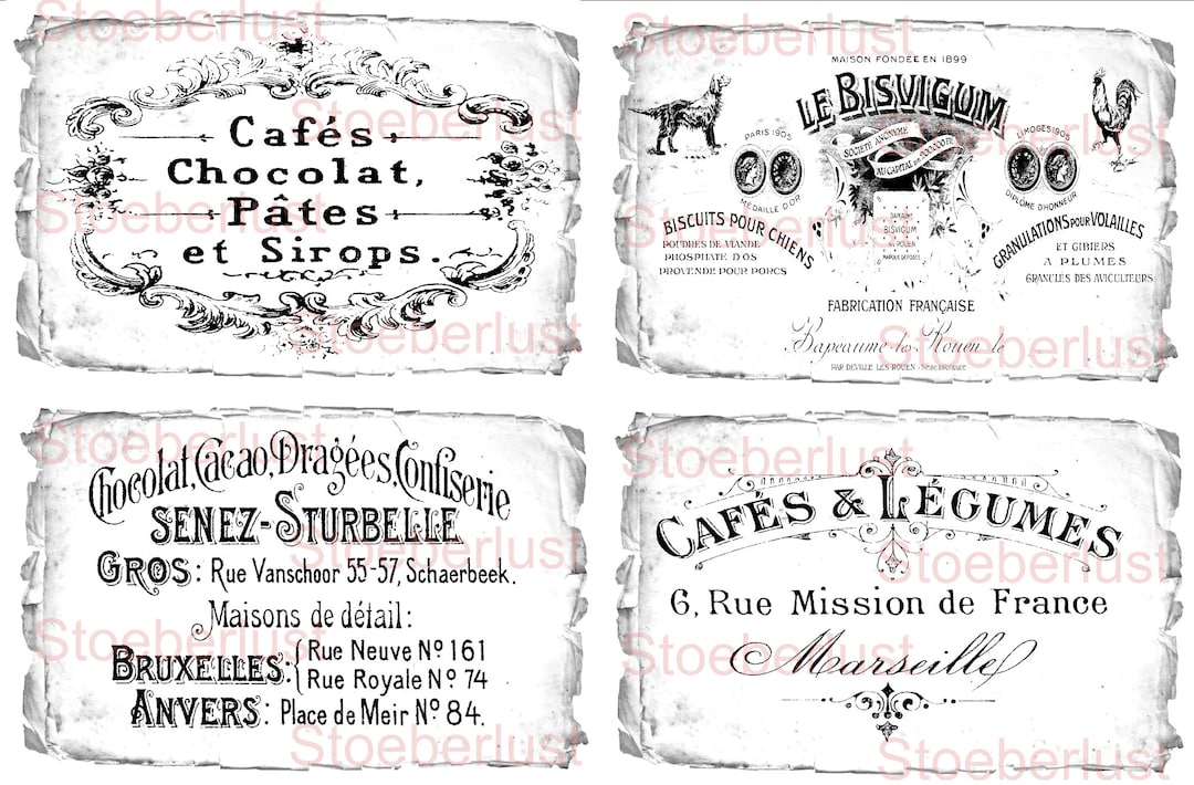 4 French Vintage Label Black and White on A4 , Ephemera Decalfolie ...