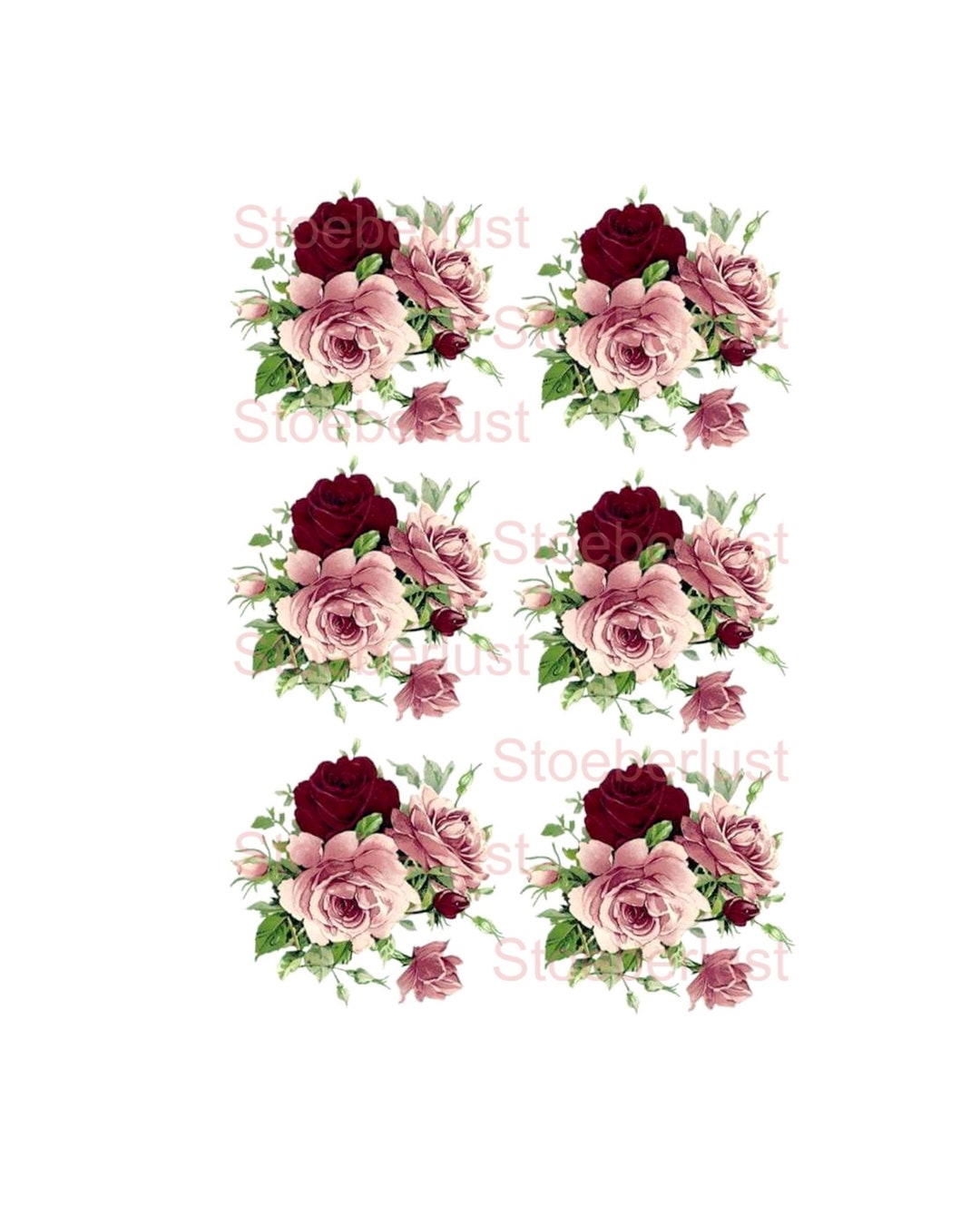 6 X Roses on A4 Shabby Water Slide Film Laser or Rub on Sticker ...