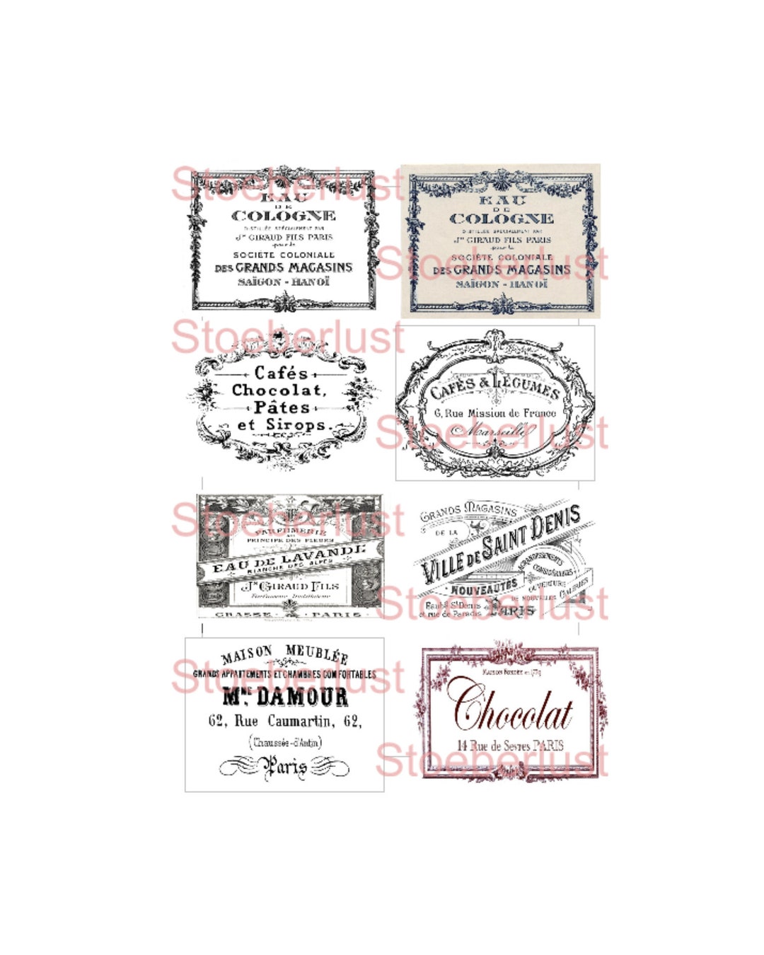 8 French Labels on A 4 Rub on or Decal Film, Waterslide Film Laser for ...