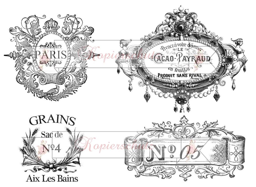 Rub on Sticker Classic or Water Slide Foil 4 Labels Vintage on A4 ...