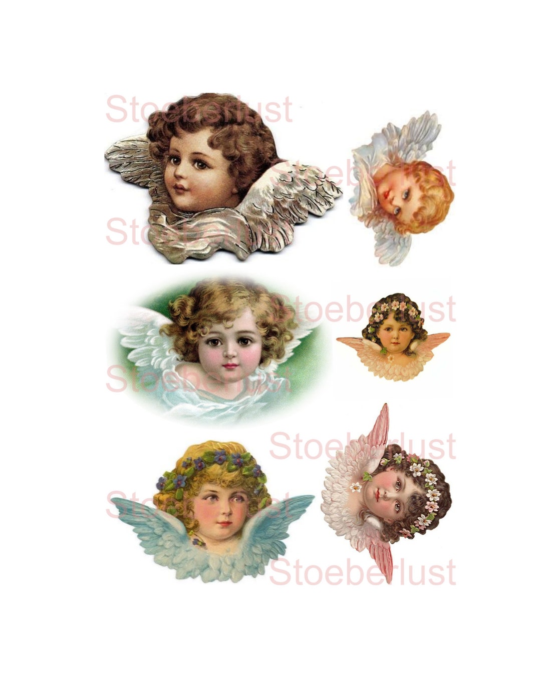 6 Vintage Angel Heads With Wings on A4 Furniture Tattoo, Water Slide ...