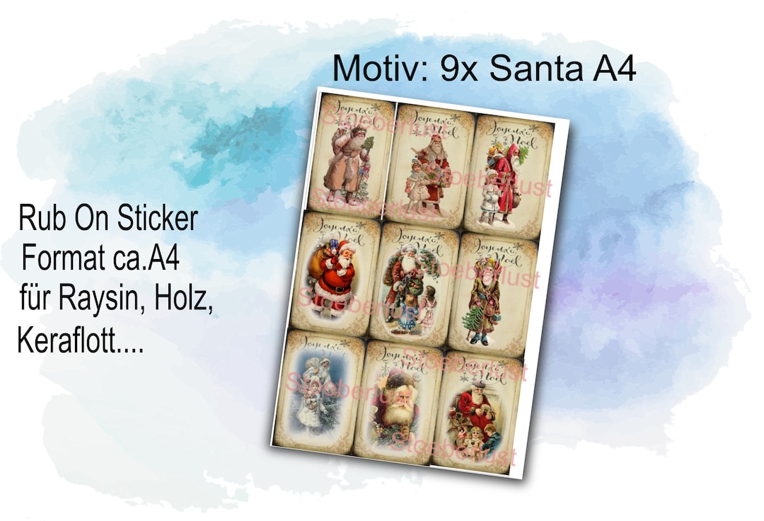 Rub on Sticker 9 X Santa on A4 or Christmas House, Deer, Stars A4 for ...
