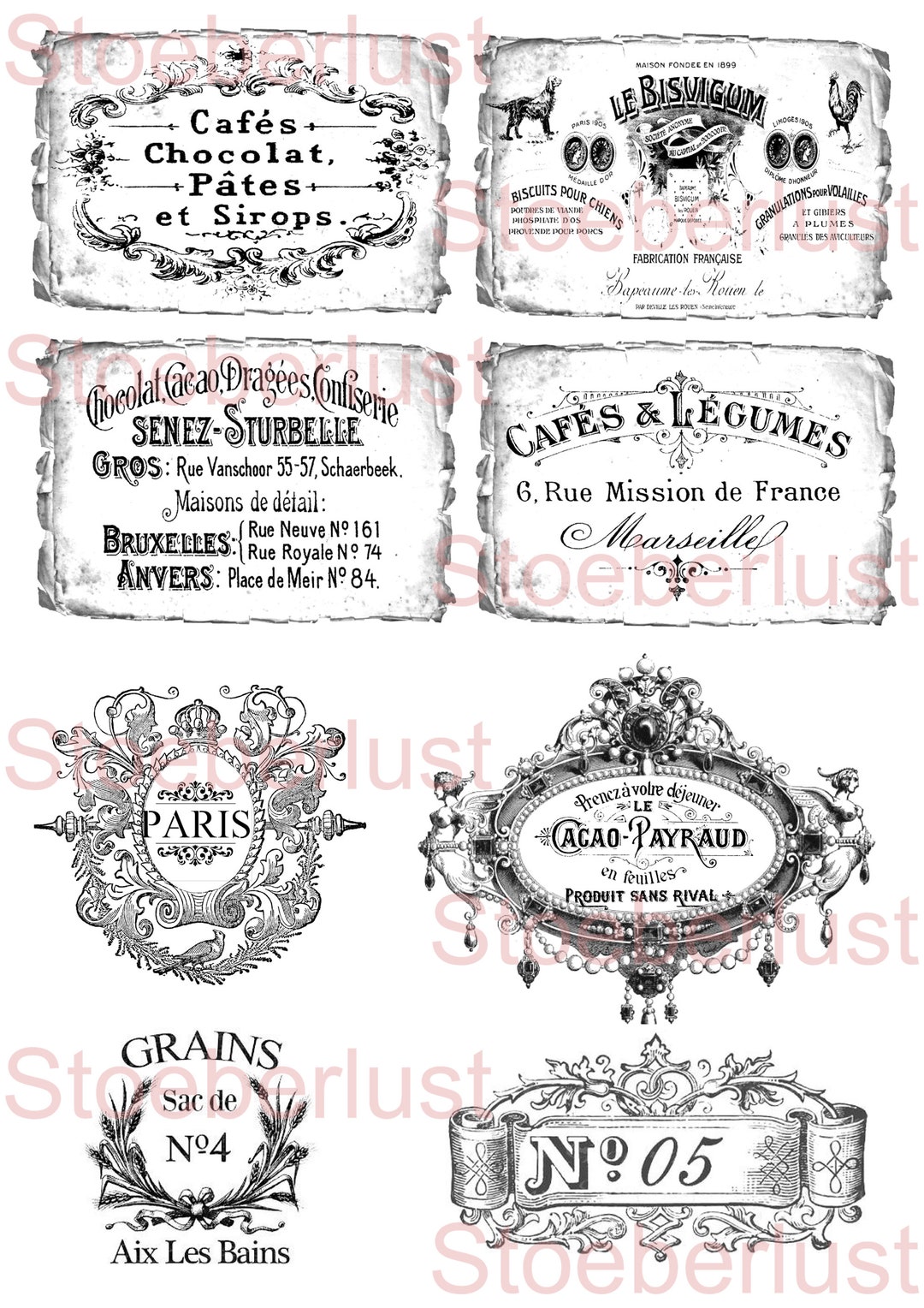 8 Vintage Label on A4 , Ephemera Decalfolie, Waterslide Laser Transfer ...