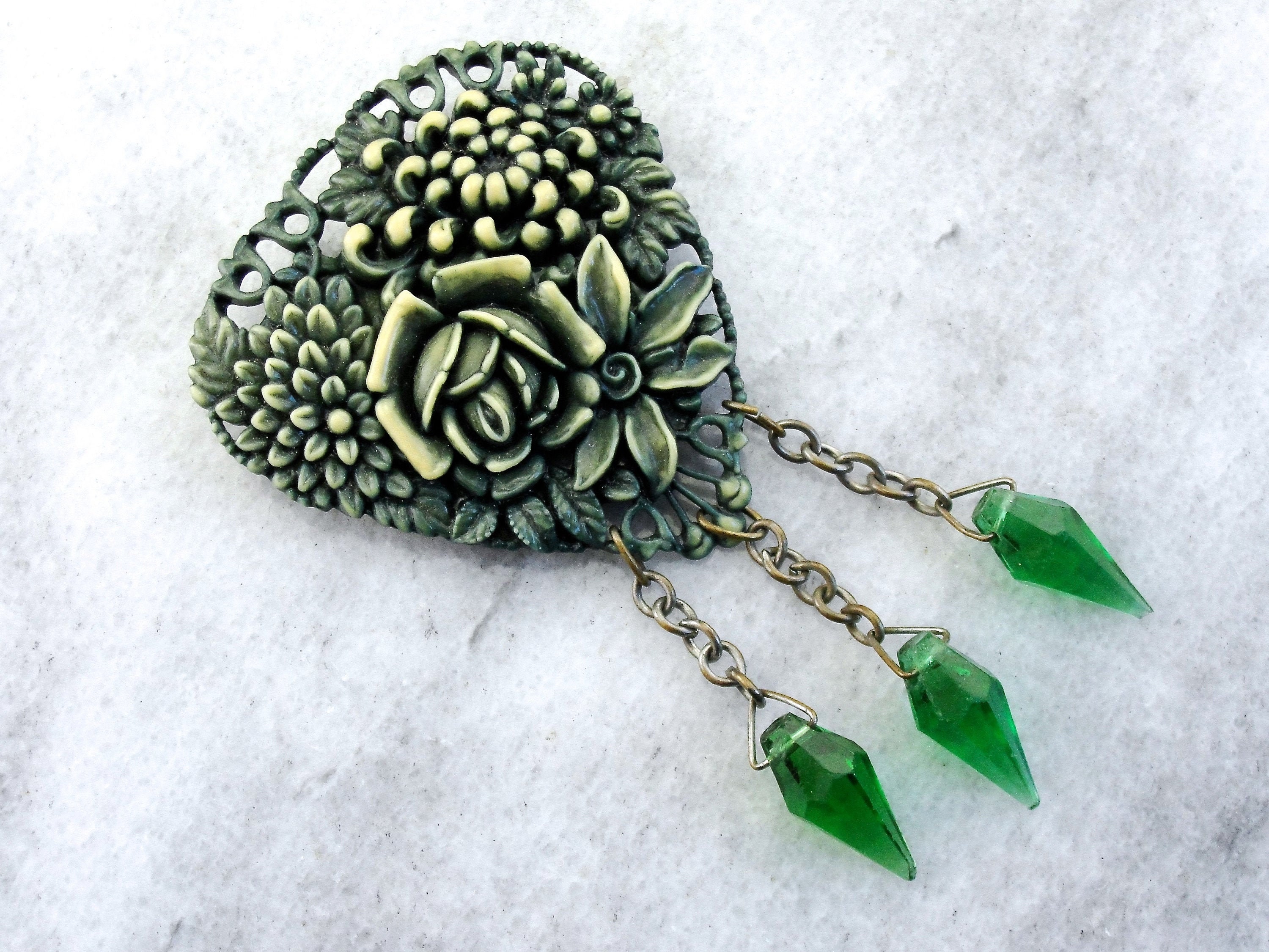 Vintage Pin Jewelry CARVED CELLULOID BROOCH Floral Drippy Dangle Green ...
