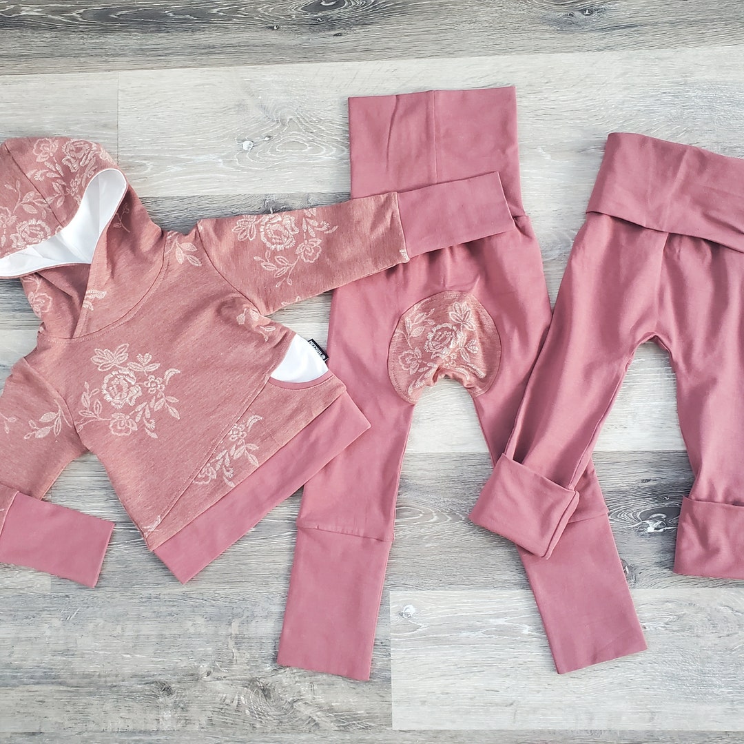 Pink Grow Set, Dusty Rose Floral Grow With Me Pants & Pullover Hoodie ...