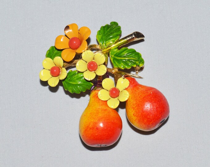 Vintage Brooch - Selini, 1960s, Pears and Flowers, Enamel Over Metal ...