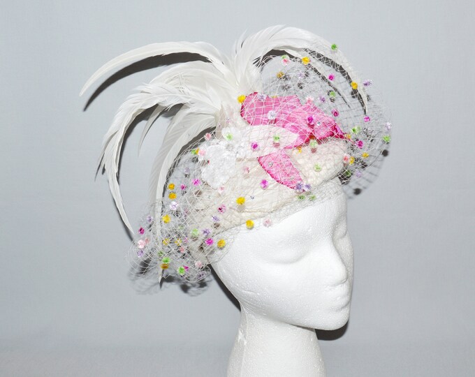 Vintage Hat - Joe Bill Miller, 1980s, White Wool Fascinator With White ...