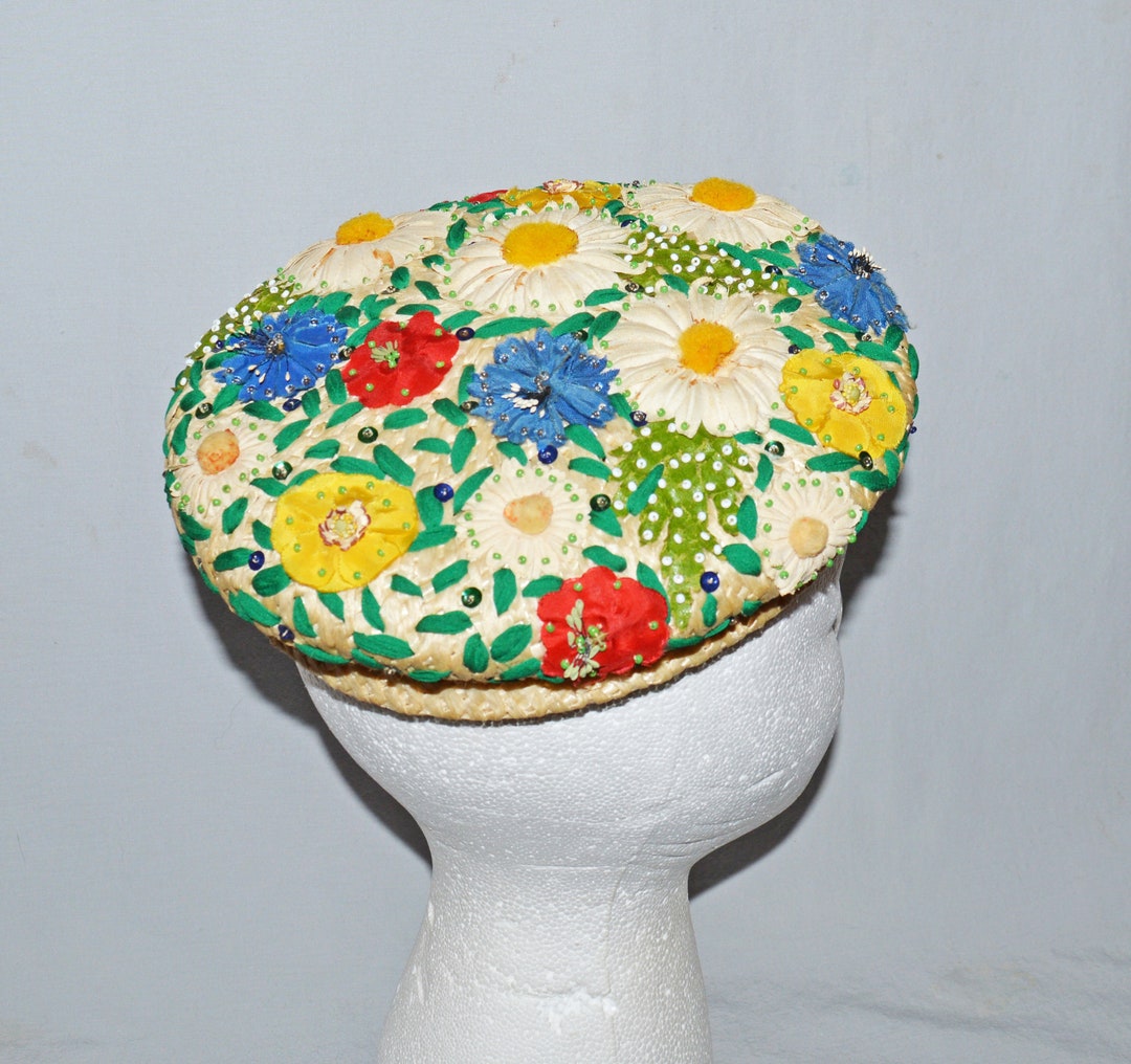 Vintage Hat 1960s, Leslie James, Natural Straw Tam or Driving Cap With ...