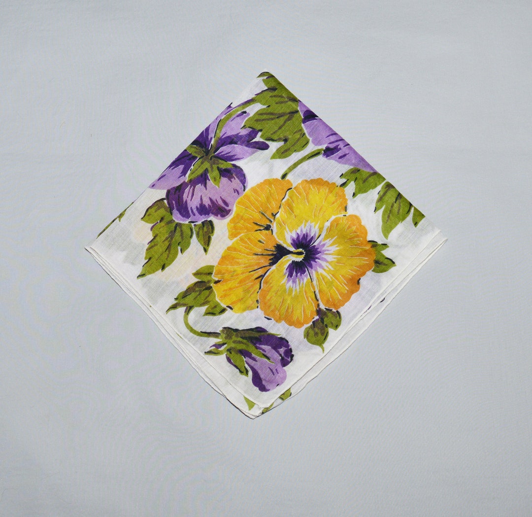 Vintage Handkerchief Sheer White Cotton With Large Purple and Yellow ...