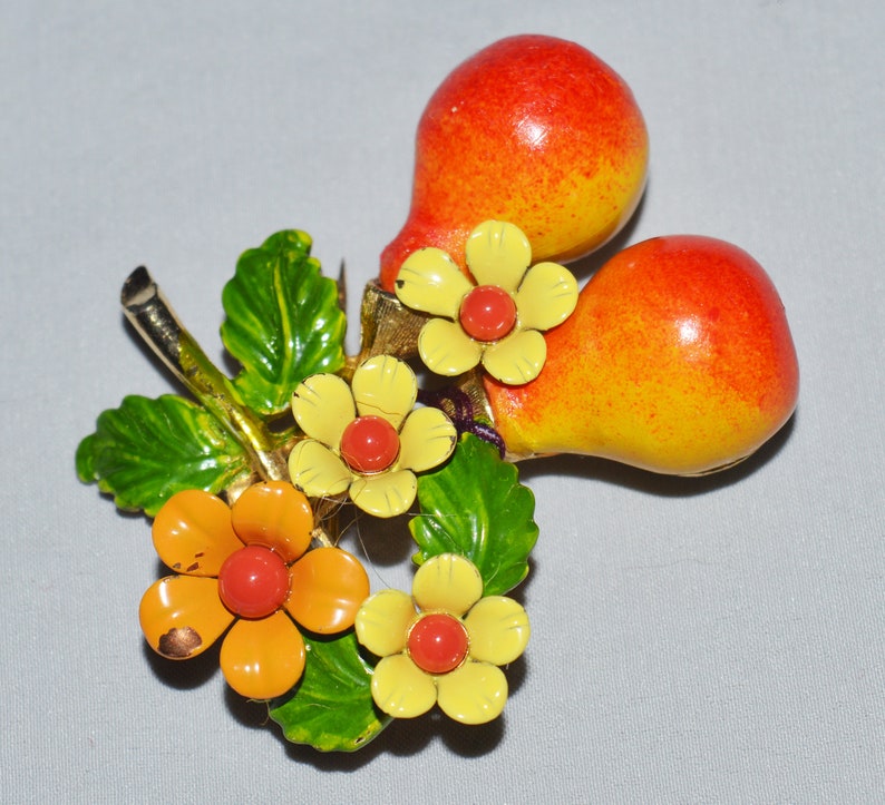 Vintage Brooch Selini 1960s Pears and Flowers Enamel Over - Etsy
