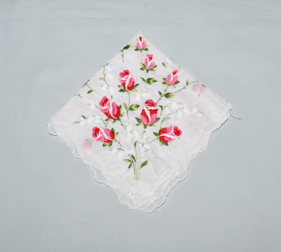 Vintage Handkerchief Sheer White Cotton With Embroidered Pink Roses ...