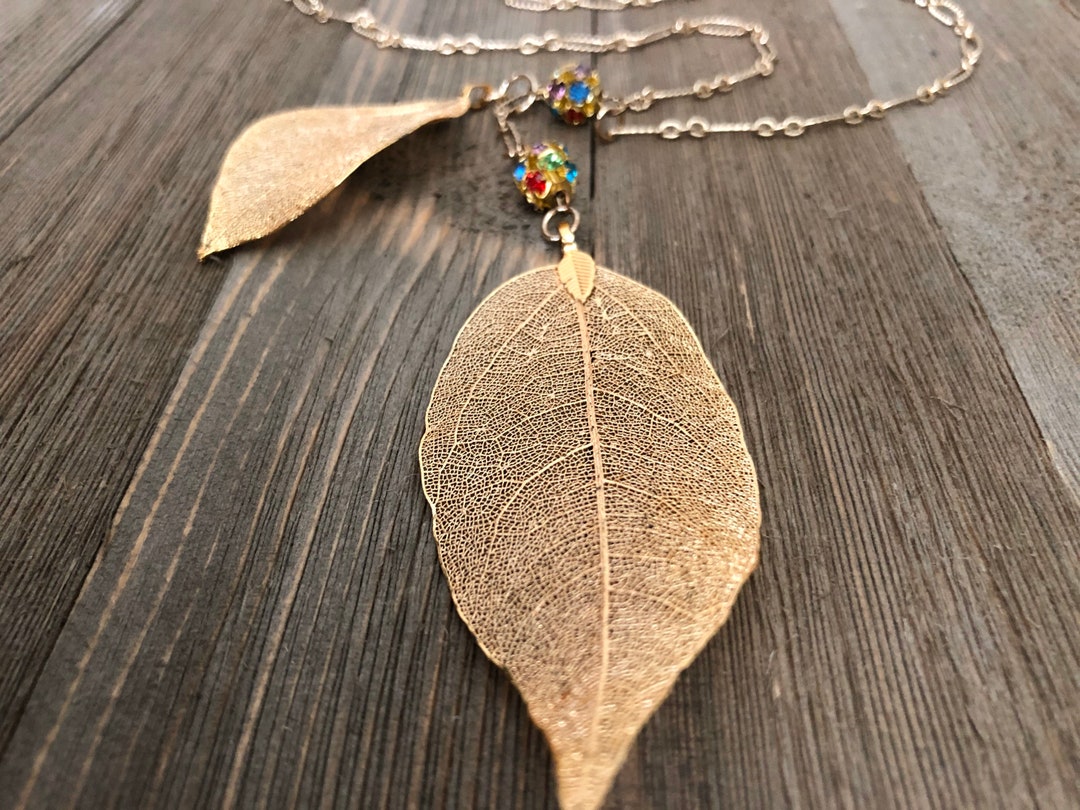 Filigree Metal Gold Leaves Chain Necklace Gold Plated Multi-color ...