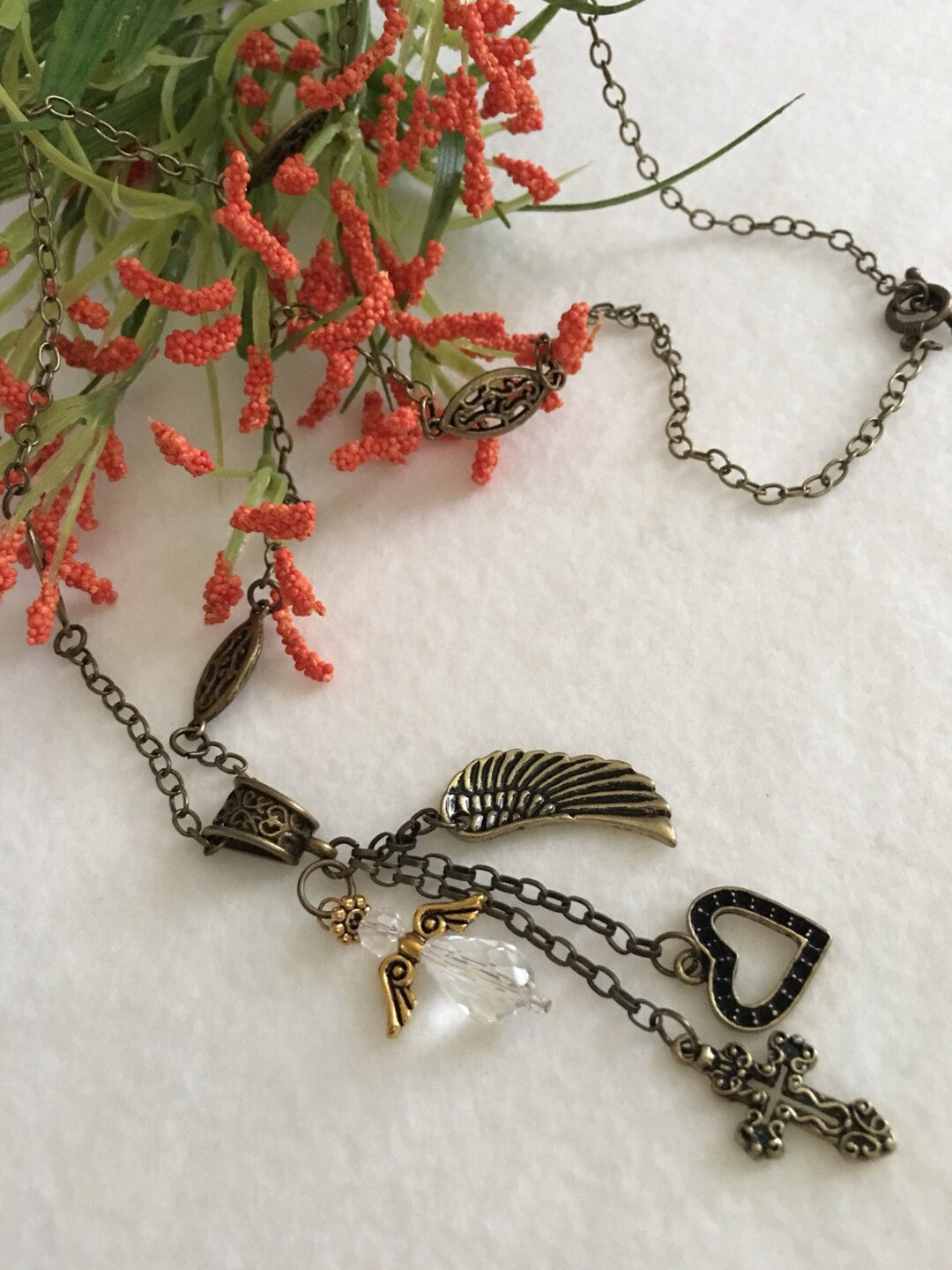 Angel Wings Charm Pendant Necklace - Chain With Connectors - Antique ...