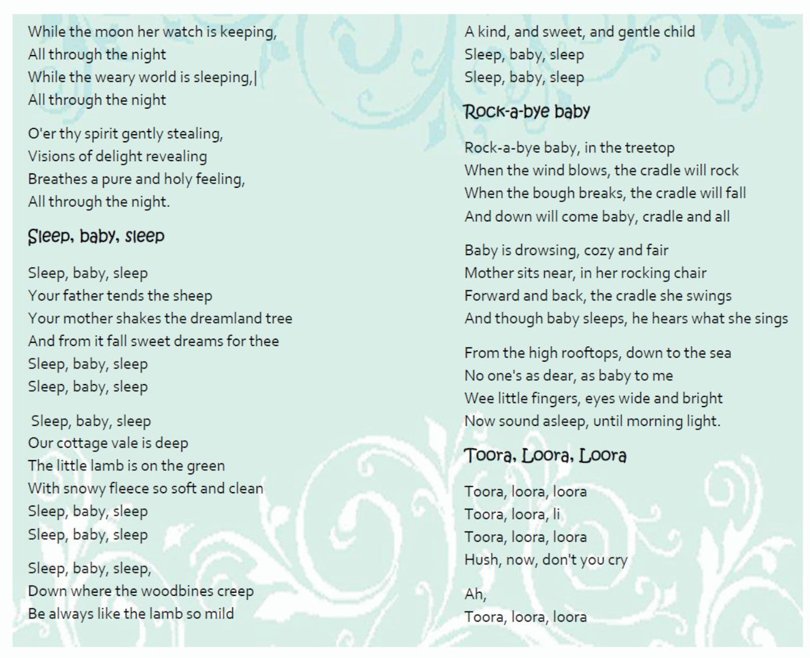 Baby Songs Cheat Sheet Booklet - Lyrics for Lullabies. to Soothe Your ...