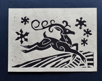 A4 Original Linocut Print With Gold Leaf. Stag With Gold Antlers. - Etsy