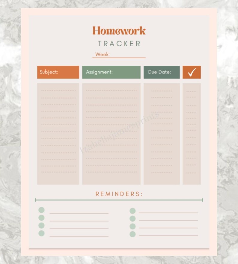 Homework Tracker Study Chart Digital Download - Etsy