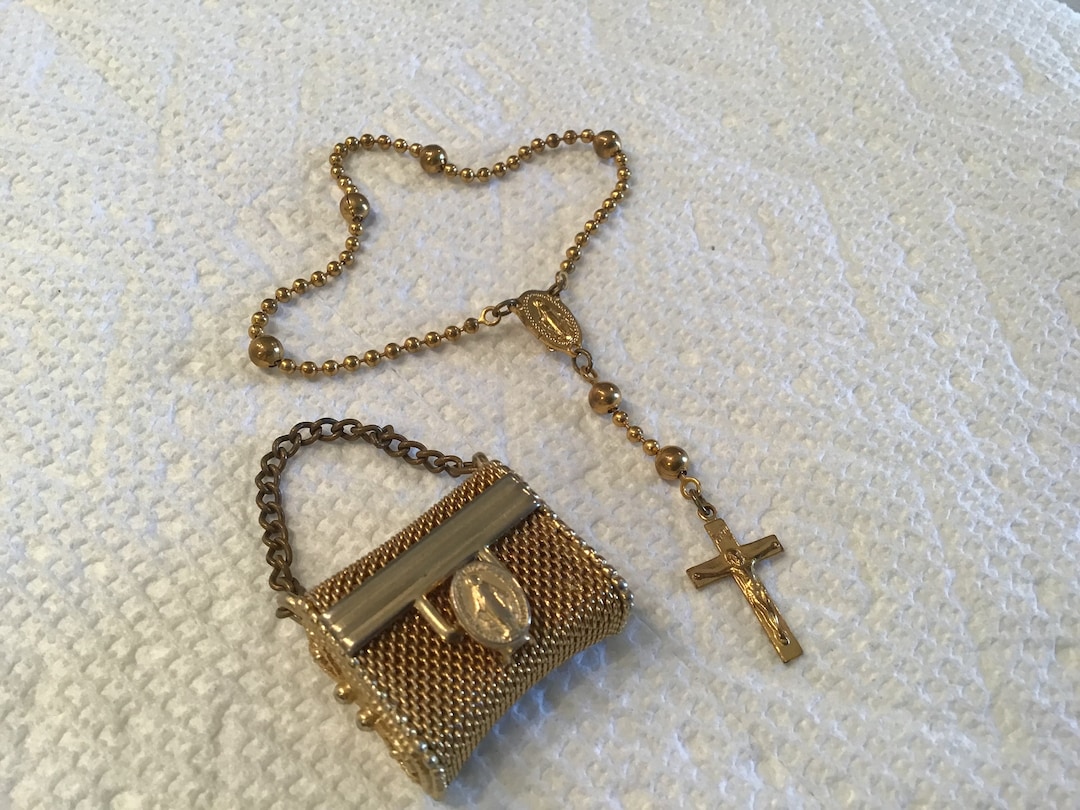 WWII WAAC Brass Military Miniature Rosary Pin W/ Brass Purse Case Box ...
