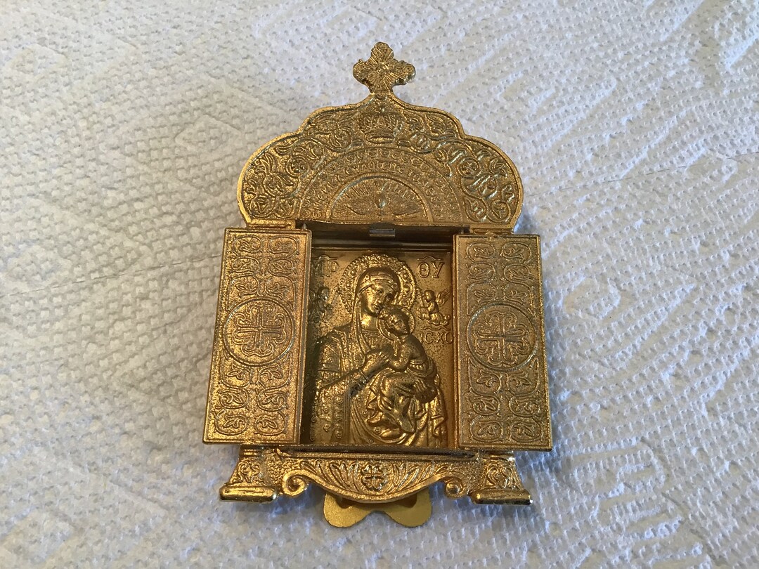 Antique Nuns Metal Our Lady of Perpetual Help Heavy Triptych Table ...