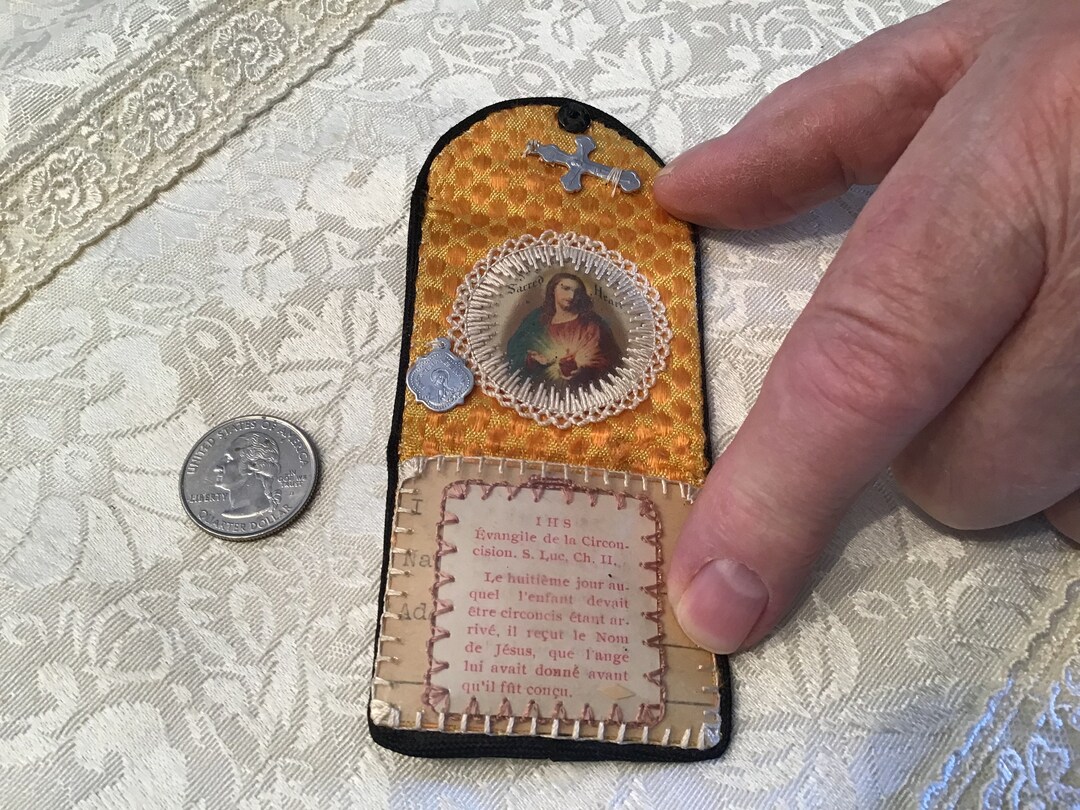 Vintage Leather Sacred Heart Medal Crucifix Oratory Pocket Prayer ...