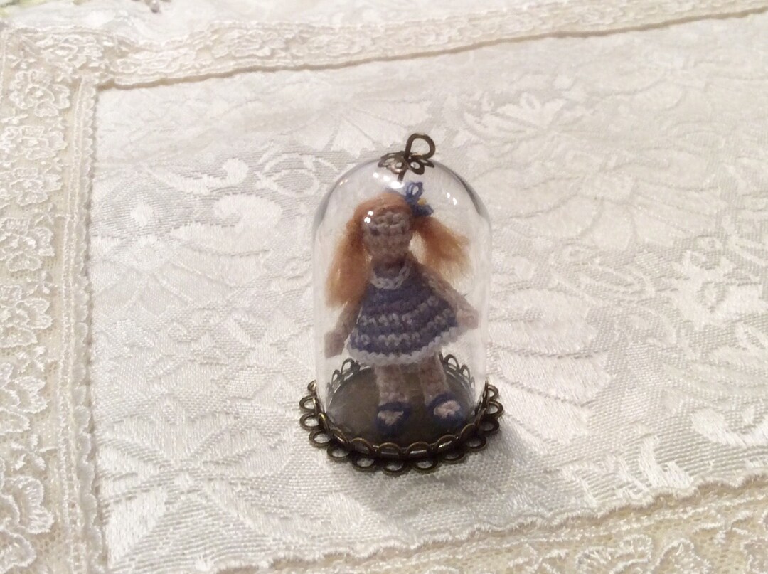Tiny Mini Miniature Doll Inside Cloche Glass Dome ~ Long Pigtails ...