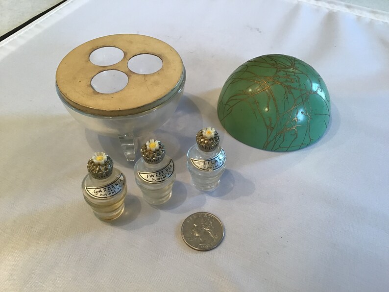 Art Deco Round Sphere Globe Glass and Metal Display W/ 3 Miniature Tiny ...