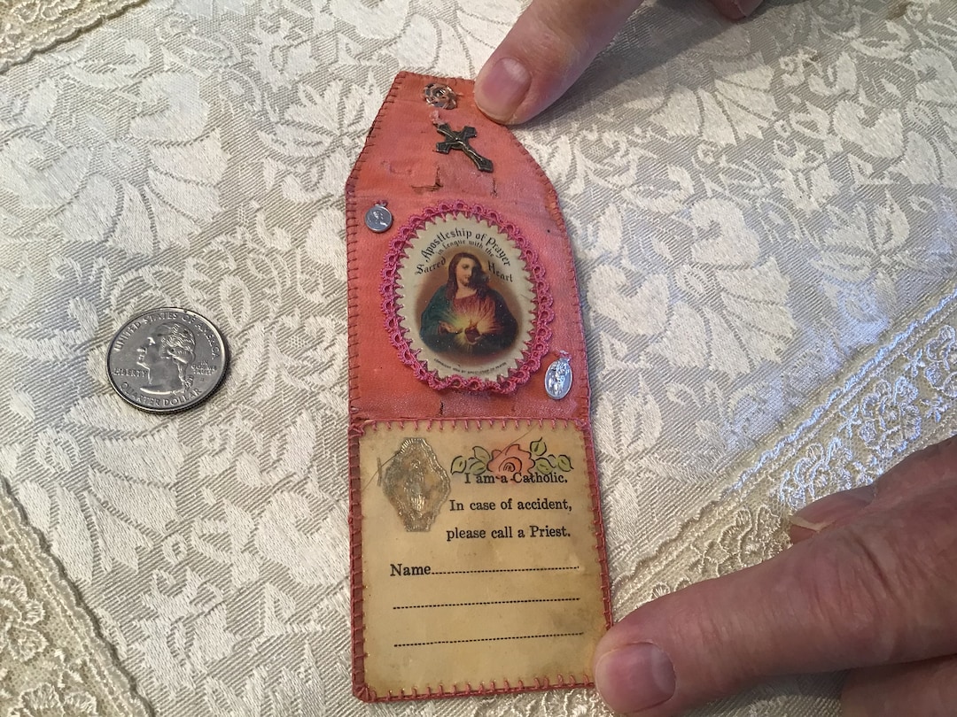 Vintage Leather Sacred Heart Medal Crucifix Oratory Pocket Prayer ...