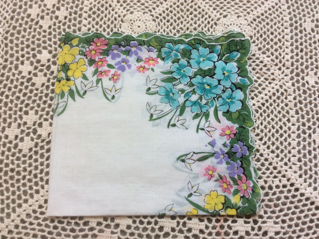 Colorful Spring Flowers Hankie Hanky BEAUTIFUL Handkerchief Scalloped ...