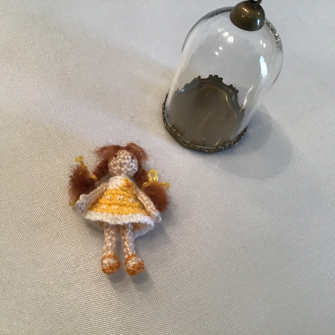 Tiny Mini Miniature Doll Inside Cloche Glass Dome ~ Long Pigtails Red ...