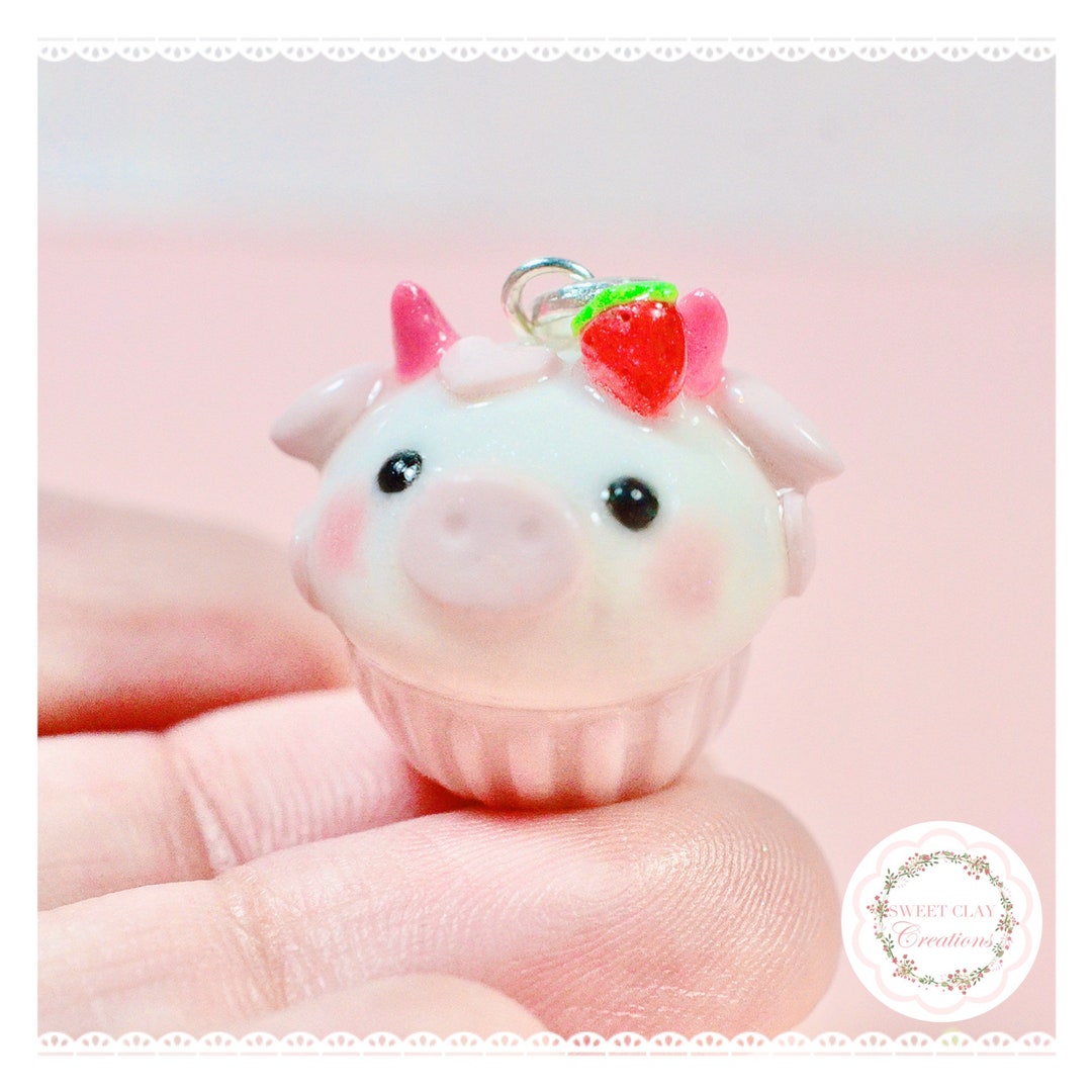 Strawberry Cow Cupcake Charm Pendant Necklace Polymer Clay Handmade ...