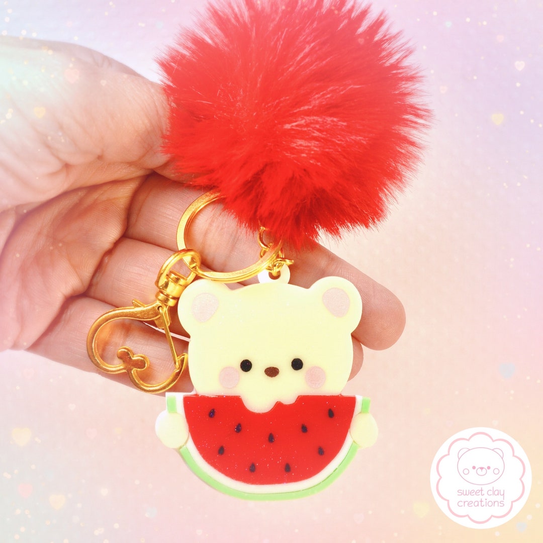 Watermelon Teddy Bear Acrylic Keychain Backpack Kawaii Handmade Jewelry ...