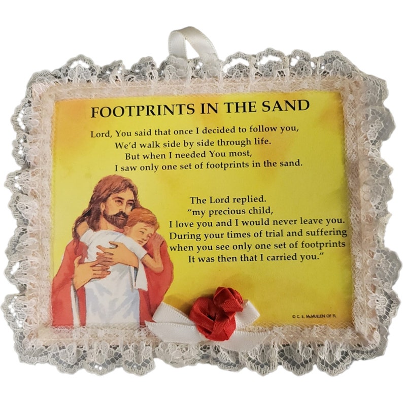 Vintage Footprints in the Sand Poem Jesus Boy Lace Refrigerator Magnet ...