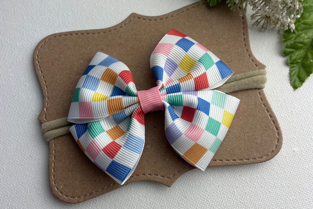 Colorful Checker Spring Baby Headband , 3” Bow Pink Aqua Yellow ...