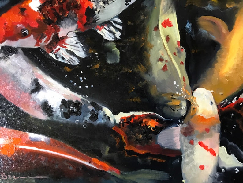 Fish Koi Original Oil Canvas Painting by US Artist Fish Pond Goldfish ...
