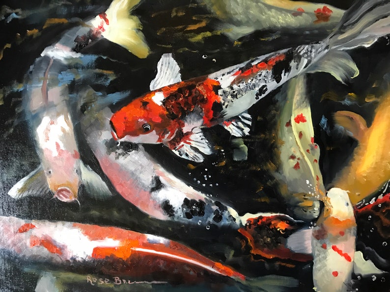 Fish Koi Original Oil Canvas Painting by US Artist Fish Pond Goldfish ...