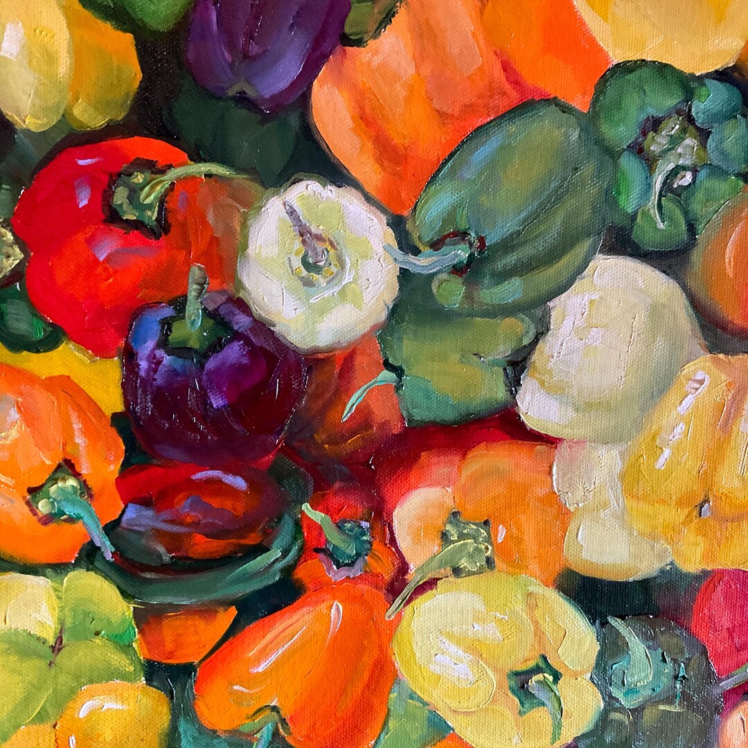 Rainbow Peppers Original Oil Painting, Canvas Vegetable Art, Bright ...