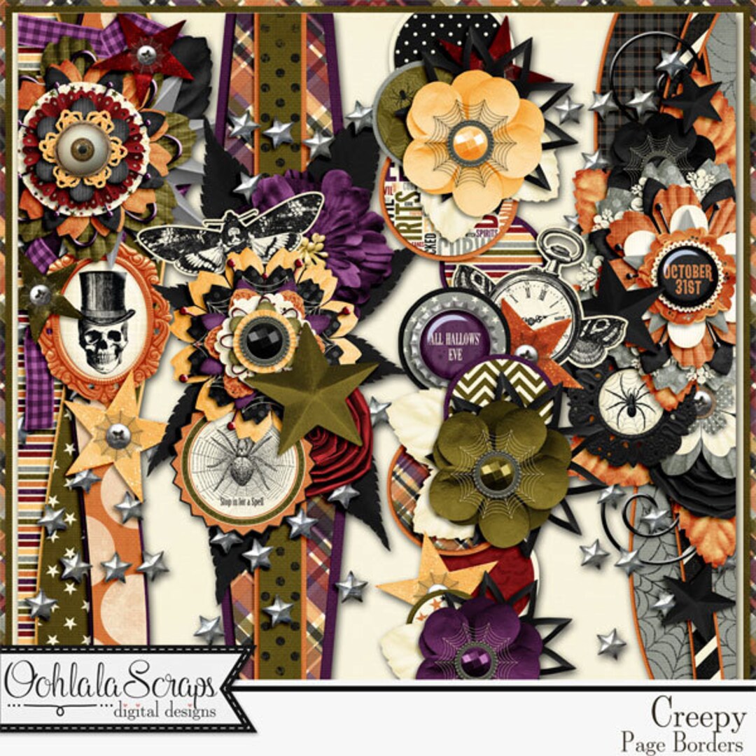 Creepy Halloween 12 Inch Page Borders Elements Digital Scrapbooking Kit ...