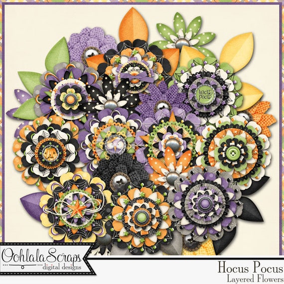 Hocus Pocus Halloween Layered Flowers Embellishments Digital | Etsy
