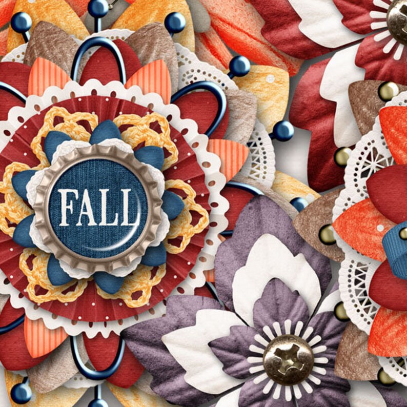 Nearly Fall Autumn Layered Flowers Digital Scrapbook Kit | Etsy