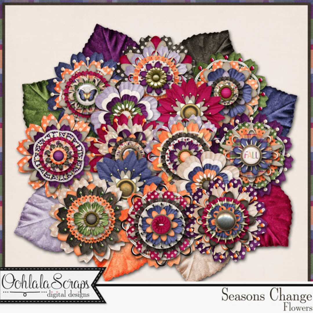 Seasons Change Fall Flower Embellishments Pack, Digital Scrapbook Kit ...