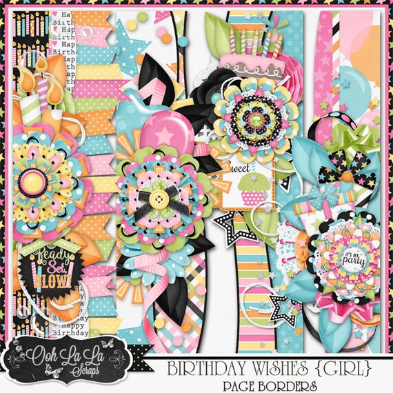 Birthday Wishes Girl Page Borders Digital Scrapbook Kit - Etsy