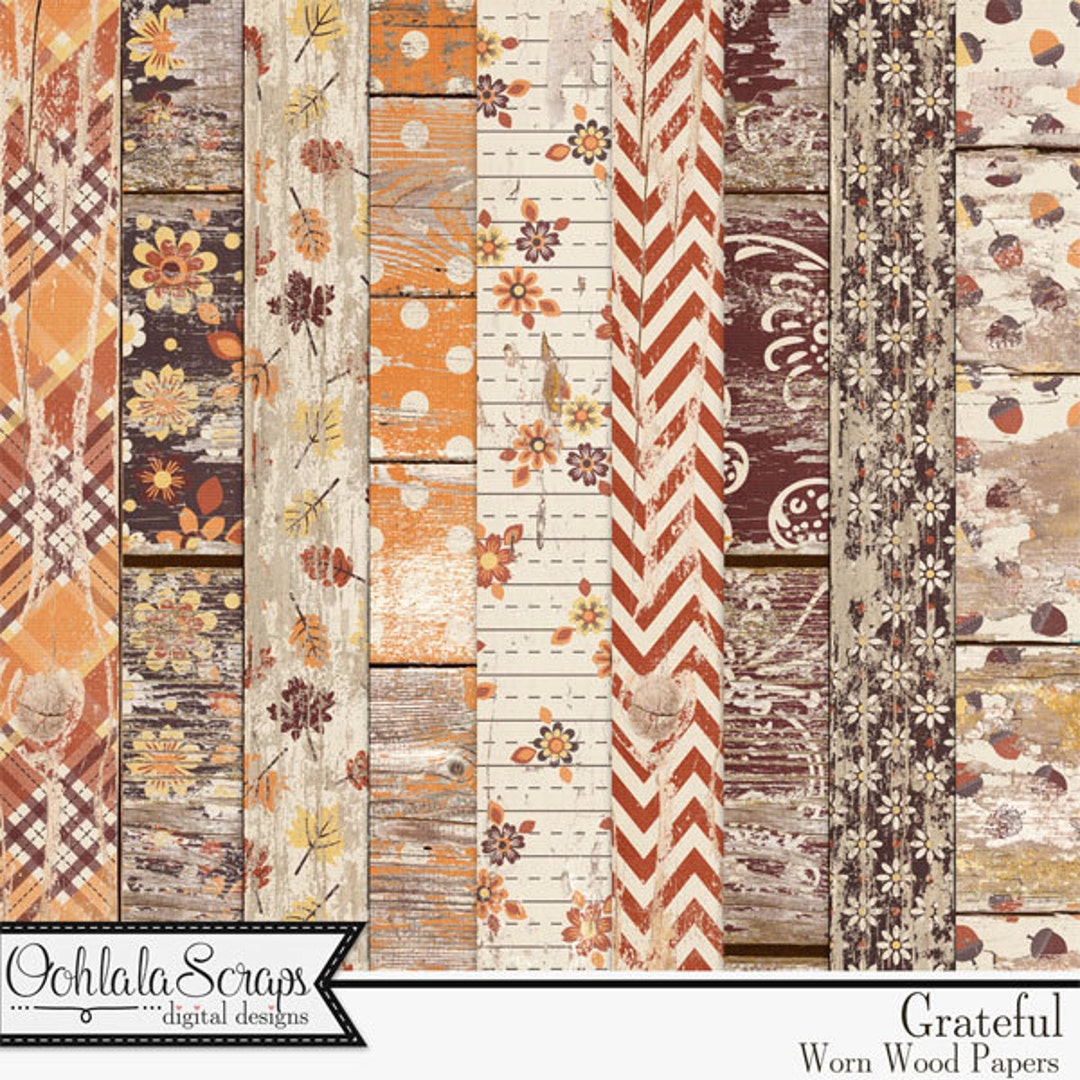 Grateful, Thanksgiving, Fall Worn Wood Papers Digital Scrapbooking ...