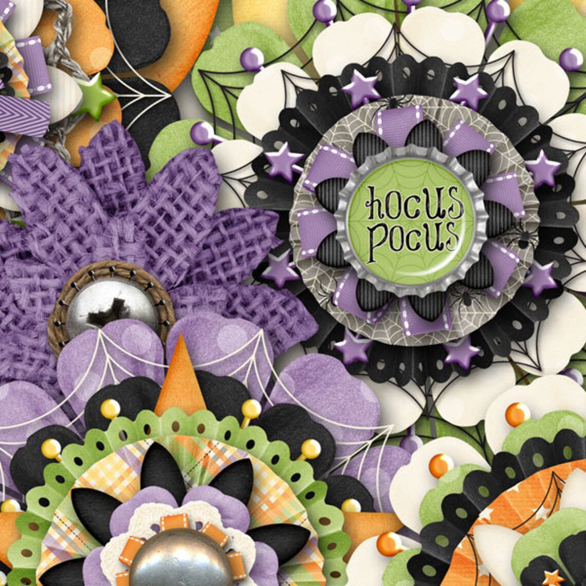 Hocus Pocus Halloween Layered Flowers Embellishments, Digital Scrapbook ...