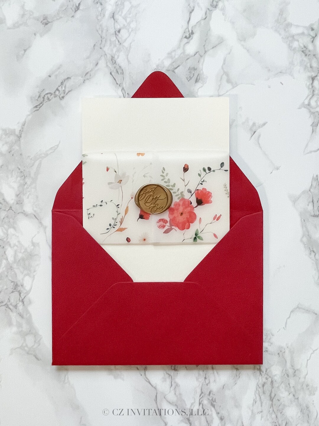 Red Wildflower Vellum Belly Band, Red 3" Vellum Jacket for 5x7 Wedding ...