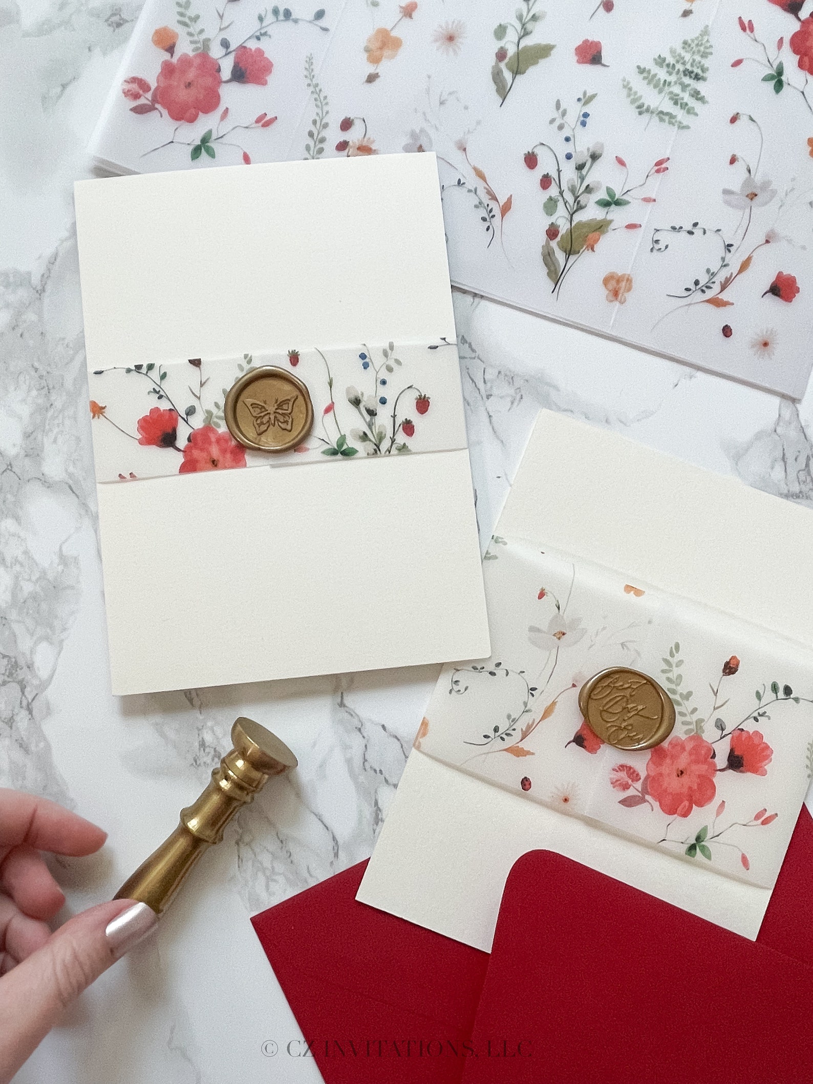 Red Wildflower Vellum Belly Band, 1.5" Vellum for 5x7 Wedding Invites ...