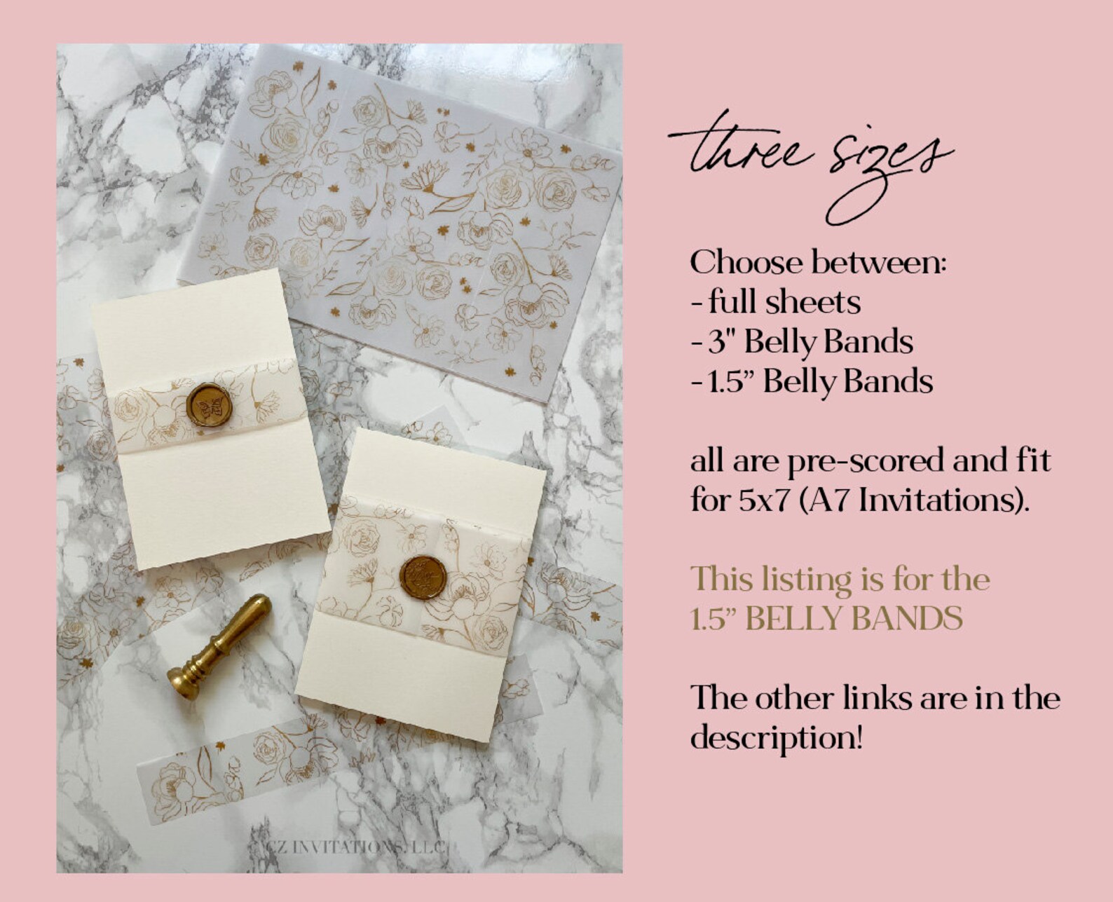 Faux Gold Floral Vellum Belly Band, 5x7 Vellum Wedding Invitation Band ...