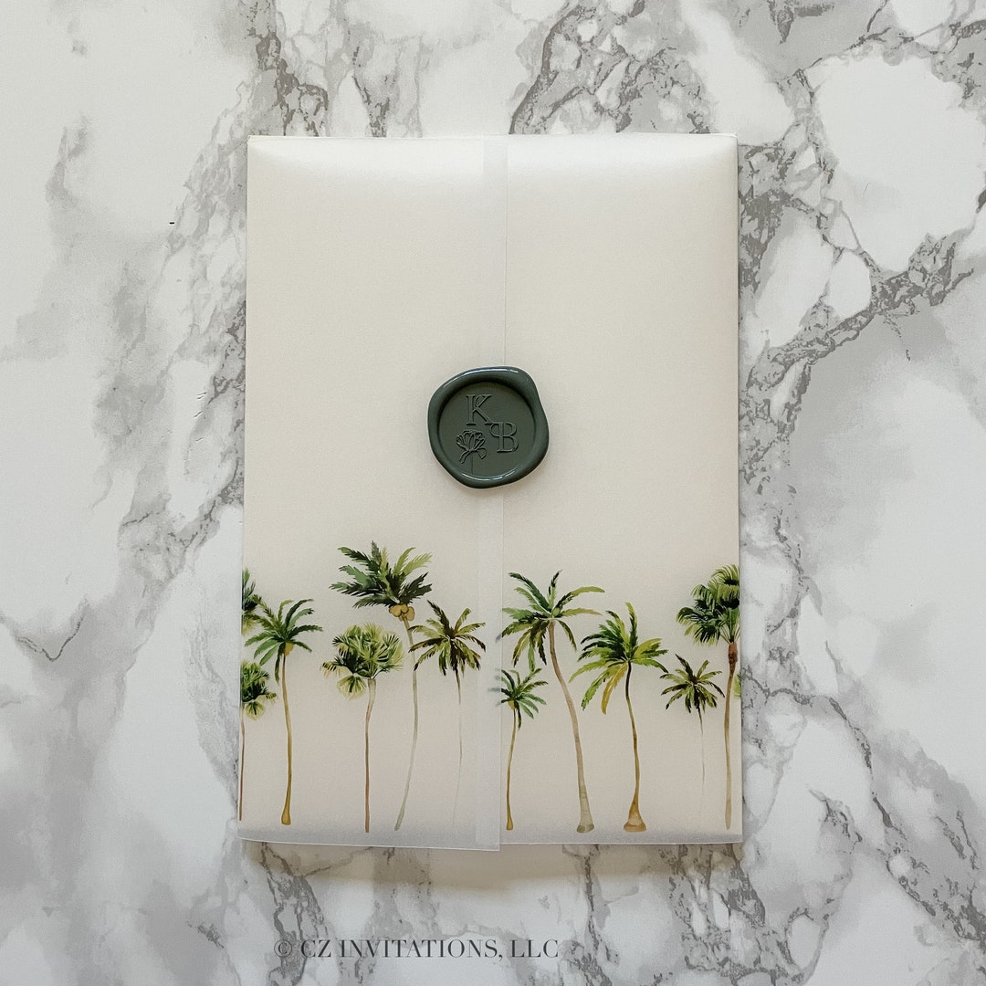 Palm Tree Vellum Wrap, 5x7 Vellum Wedding Invitation, Tropical Beach ...