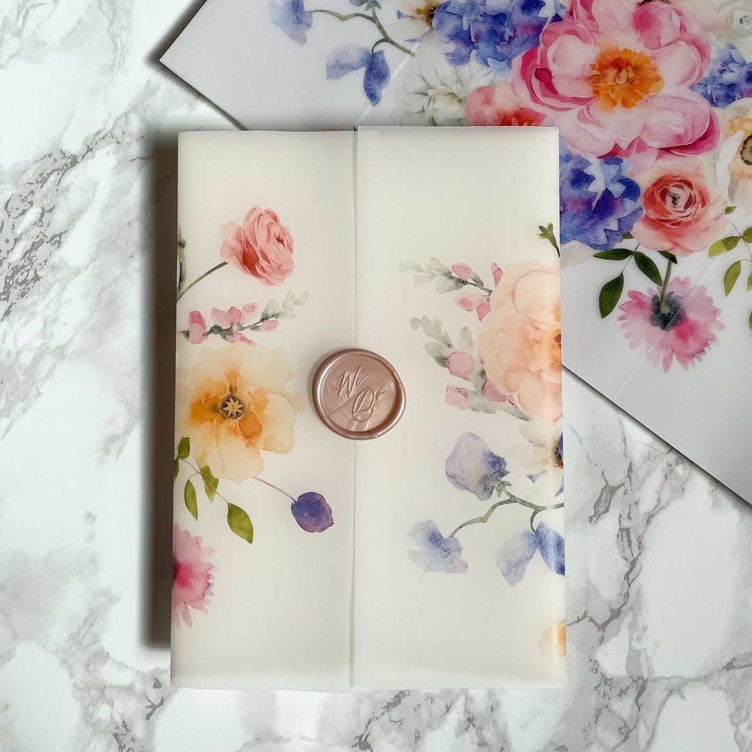 Bright Colorful Floral Vellum Jacket, 5x7 Vellum Wedding Invitation ...