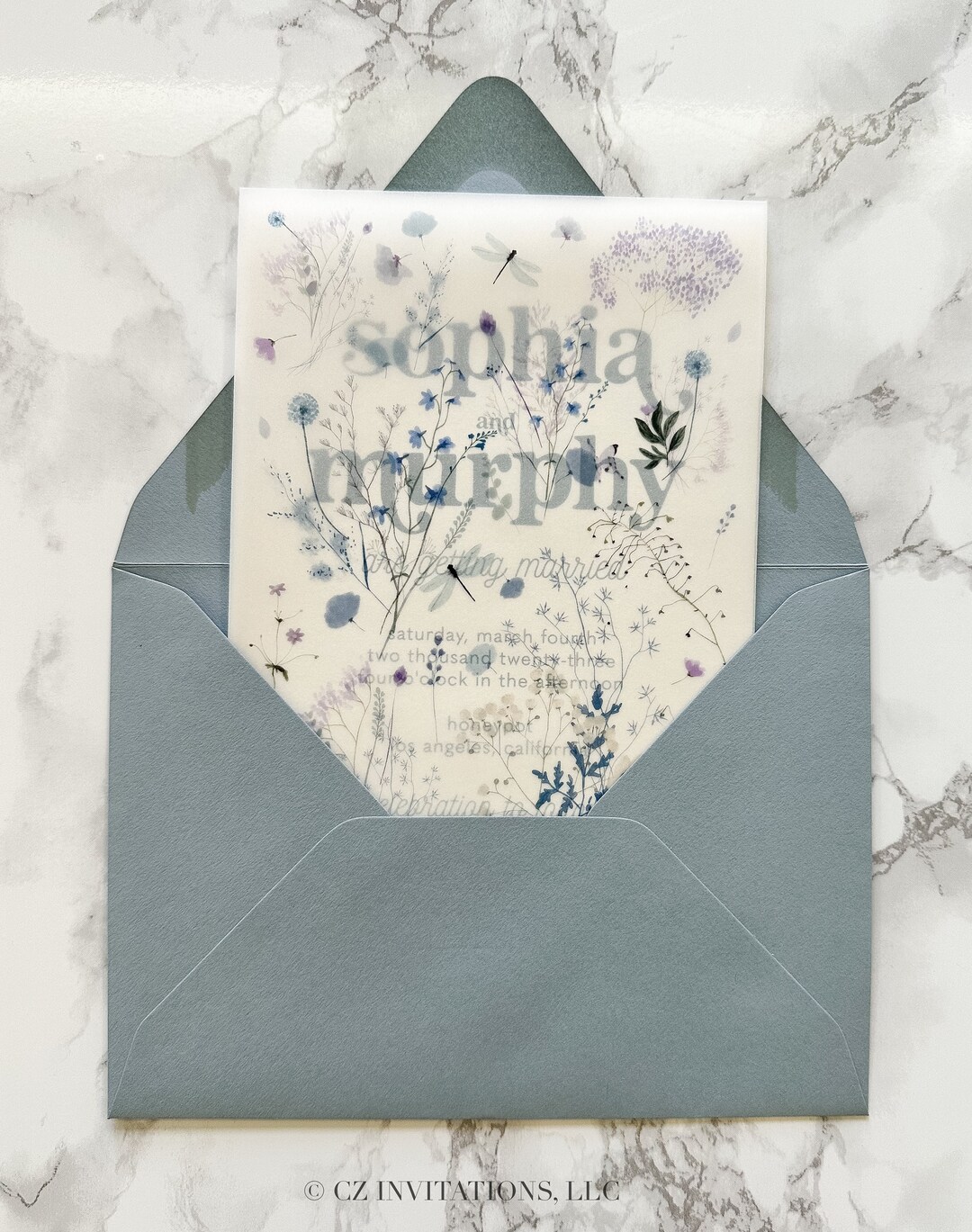 Blue Wildflower Vellum Overlay, 5x7 Vellum Wedding Invitation, Clear ...
