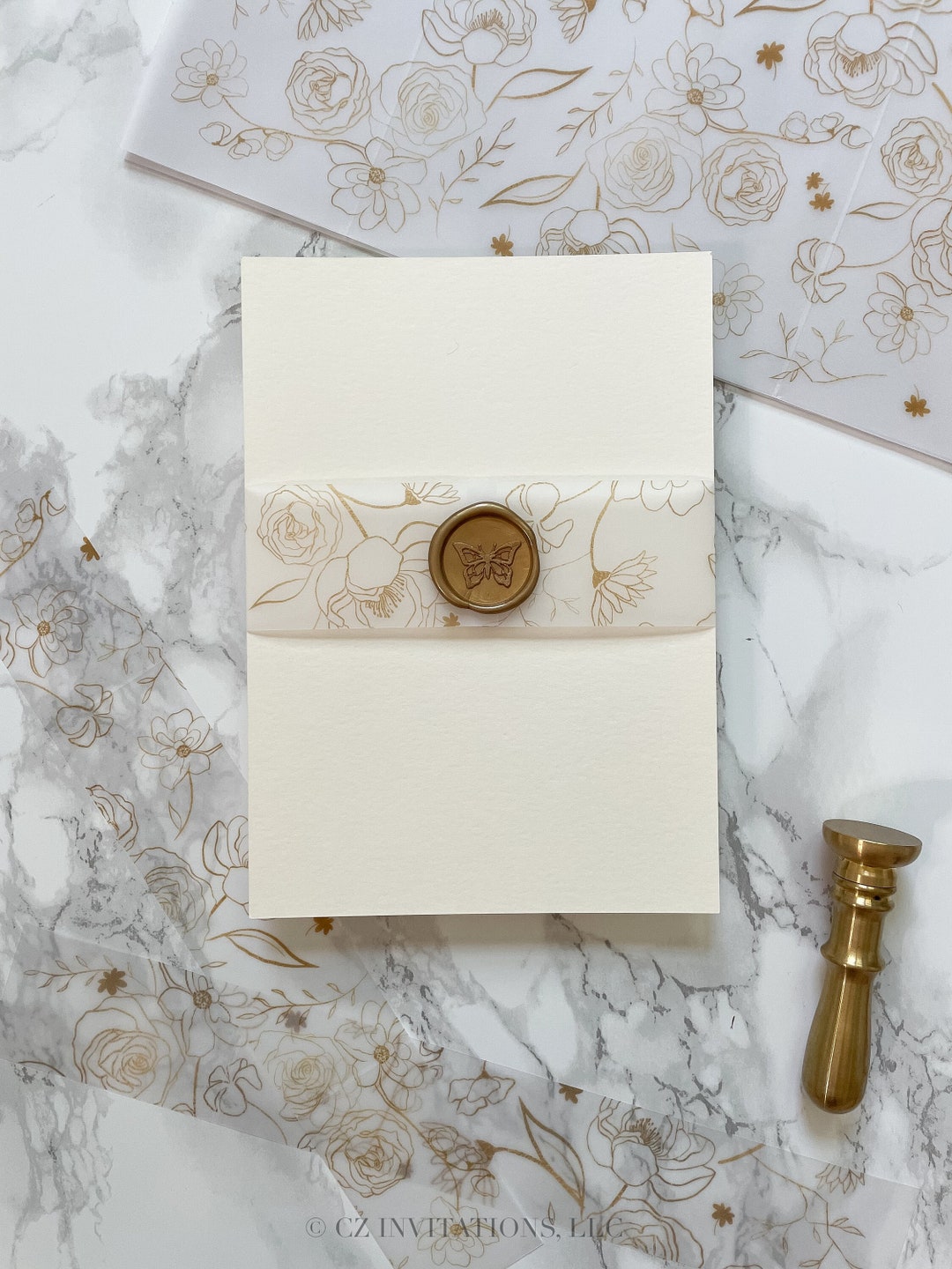 Faux Gold Floral Vellum Belly Band, 5x7 Vellum Wedding Invitation Band ...