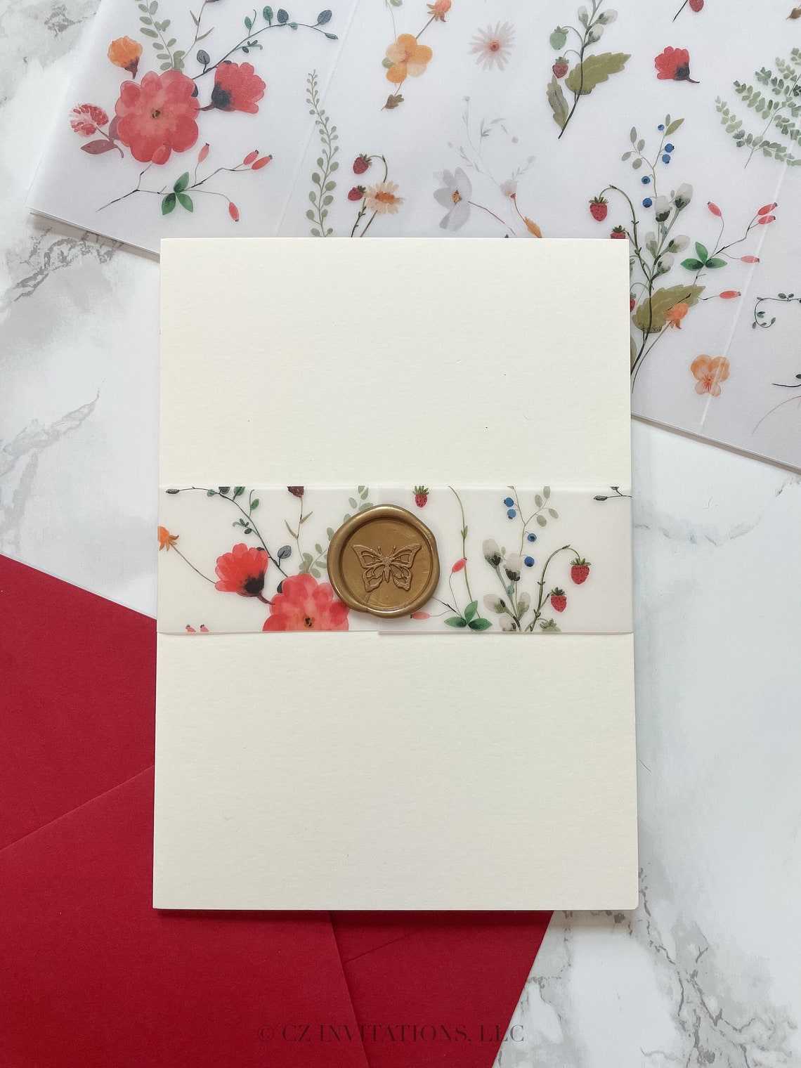 Red Wildflower Vellum Belly Band, 1.5" Vellum for 5x7 Wedding Invites ...